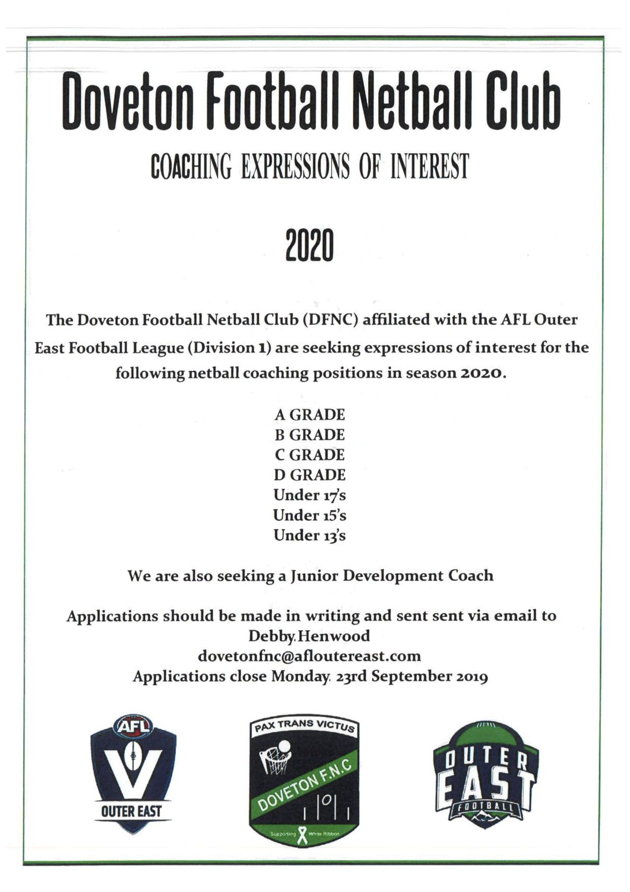 DOVETON NETBALL COACHES WANTED – Outer East Football Netball