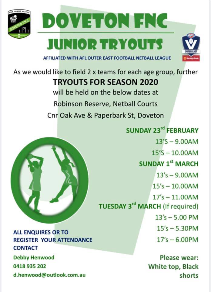 DOVETON NETBALL TRYOUTS – Outer East Football Netball